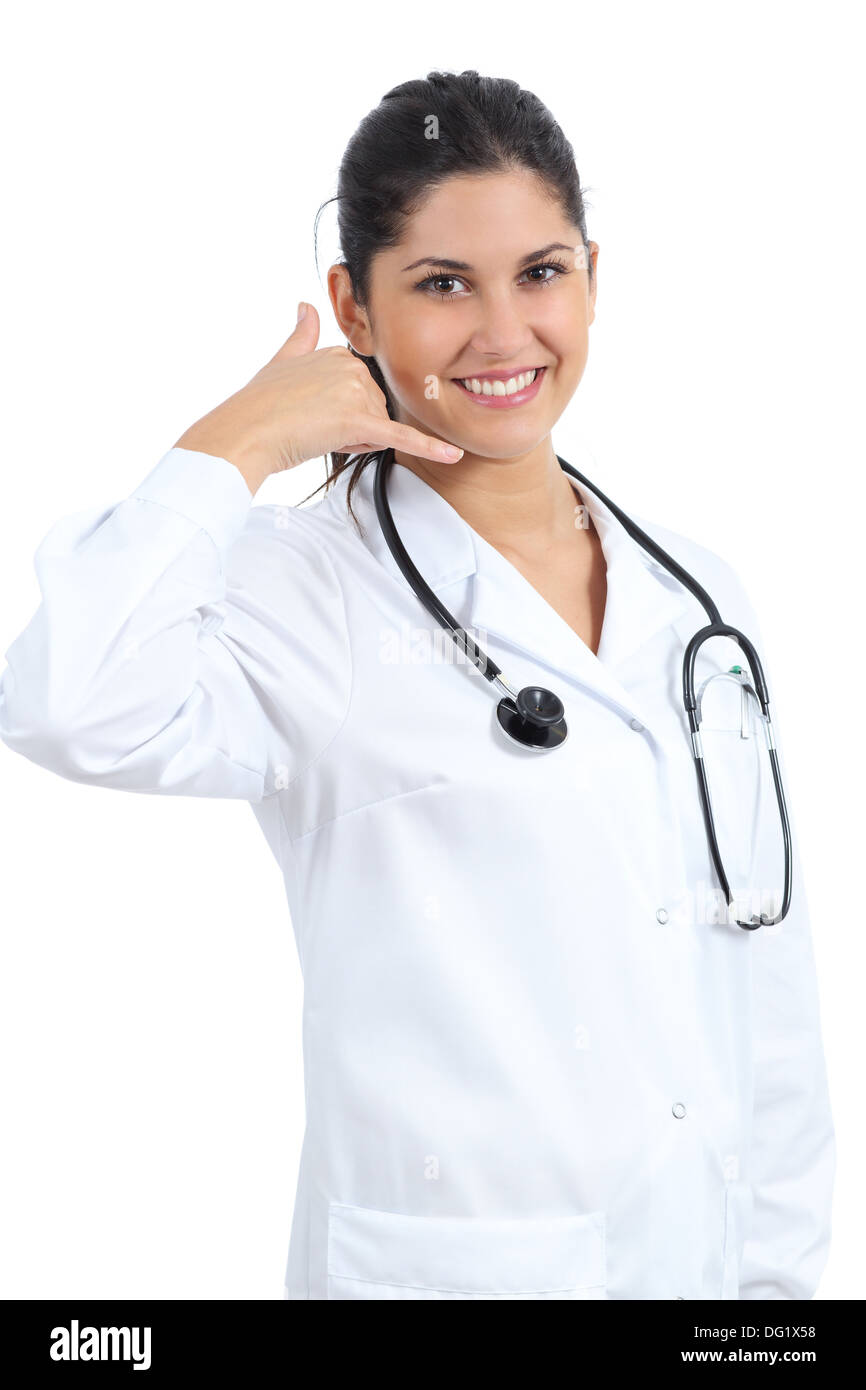 Female doctor making call me gesture isolated on a white background ...