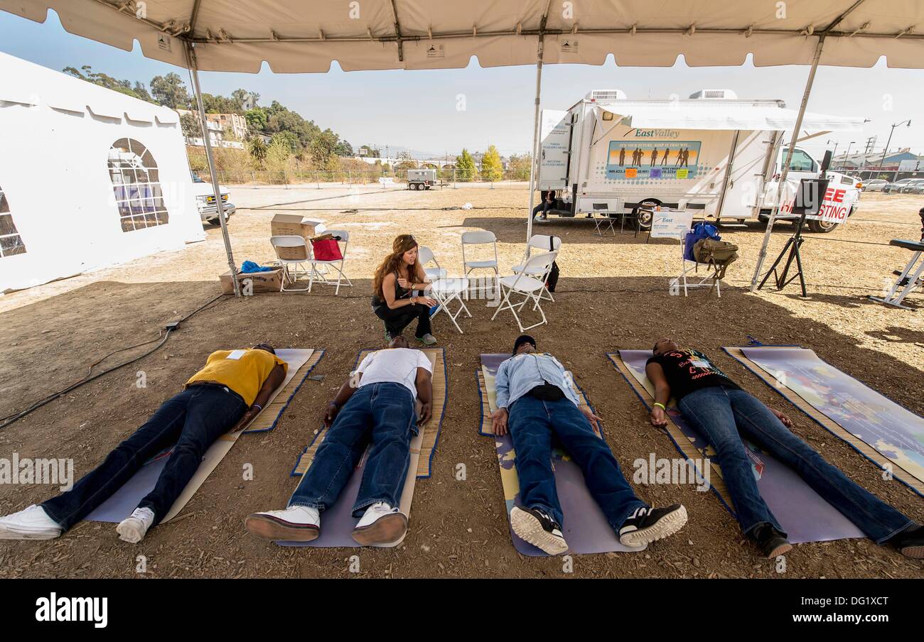 Los Angeles, CA, USA. 11th Oct, 2013. Relaxation breathing and yoga is ...