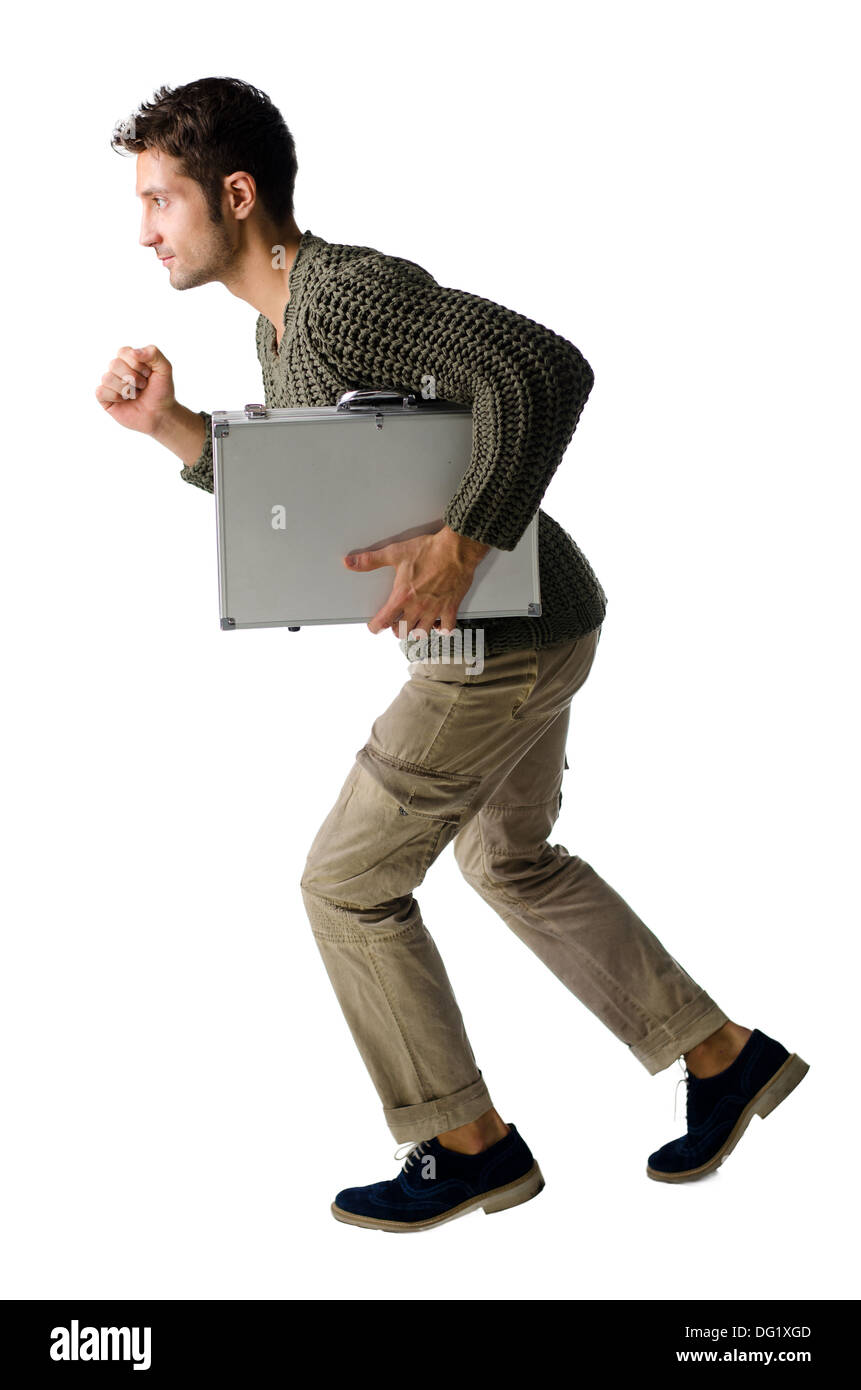 Attractive young man with briefcase running, isolated on white ...