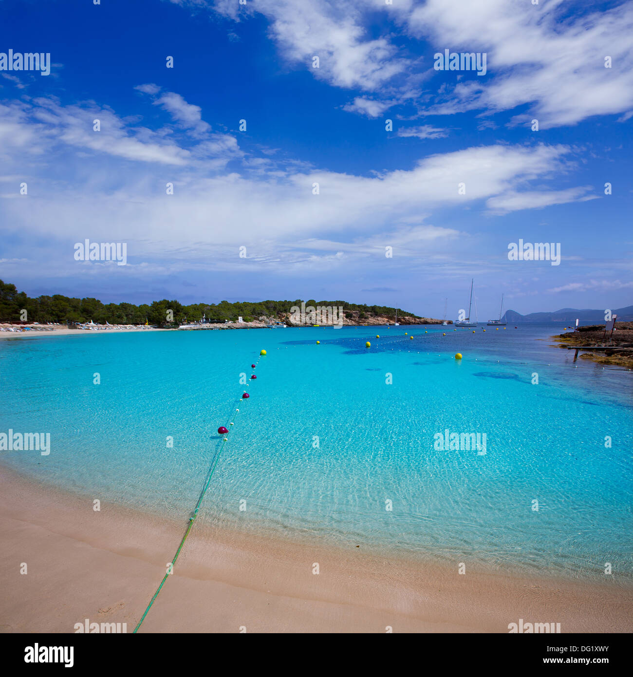 Ibiza Cala Bassa beach with turquoise Mediterranean sea at Balearic ...