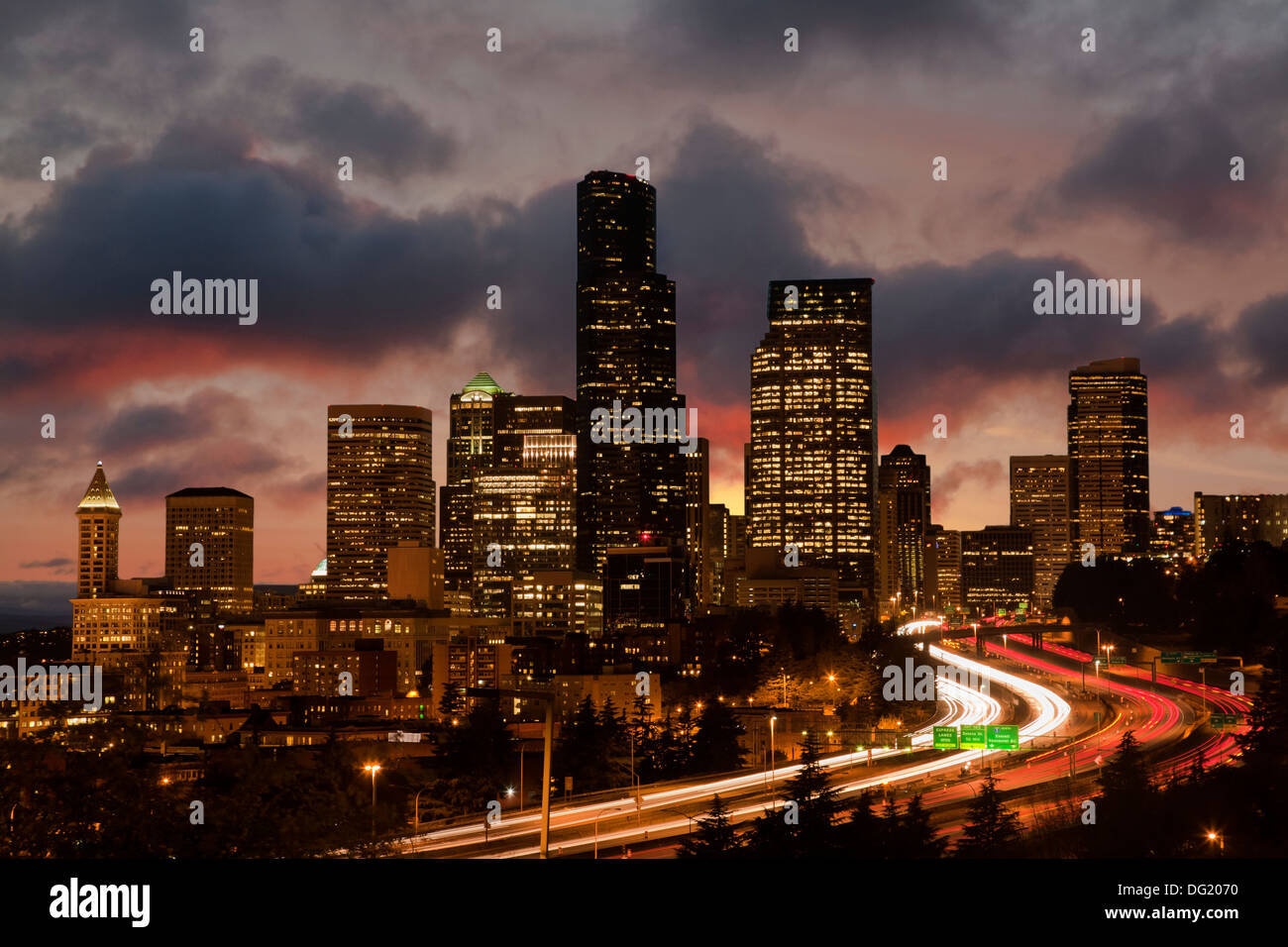 WASHINGTON - Interstate 5 running through downtown Seattle at sunset ...