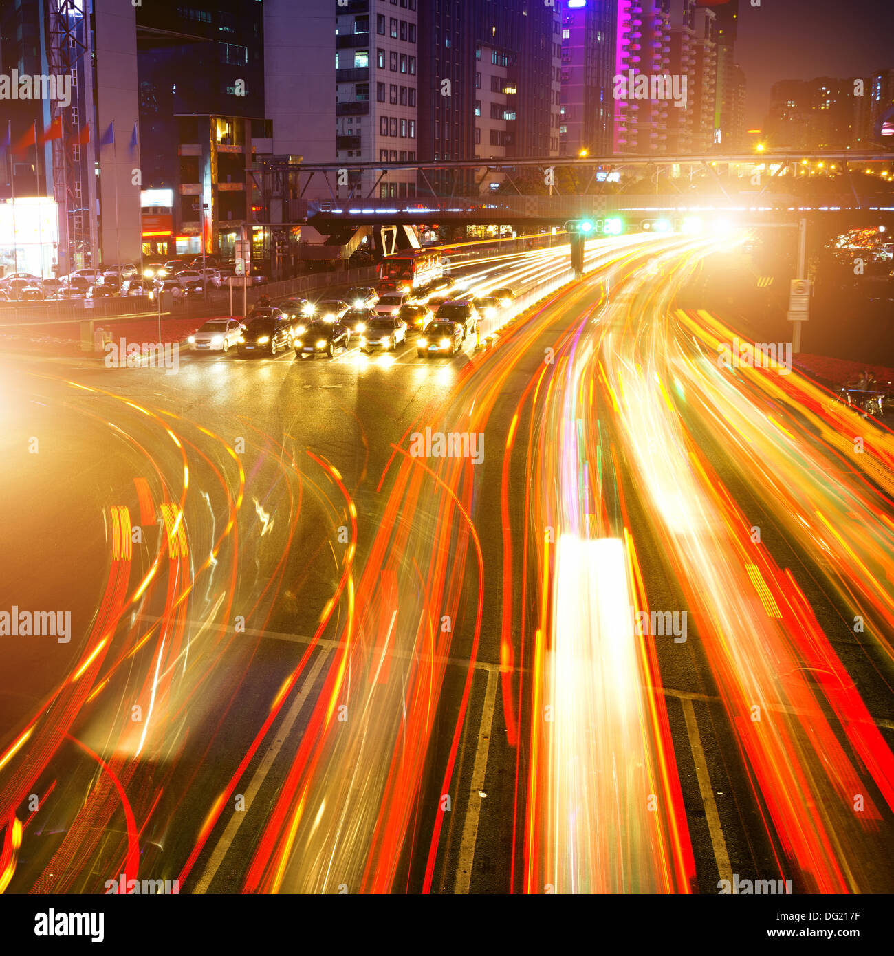 moving car with blur light through city at night Stock Photo - Alamy