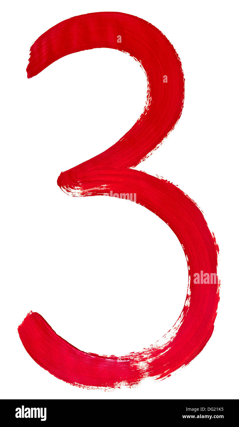 Arabic numeral 3 hand written by red brush on white background Stock ...
