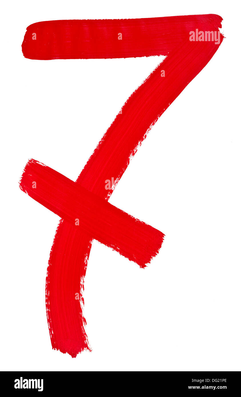 Arabic numeral 7 hand written by red brush on white background Stock ...