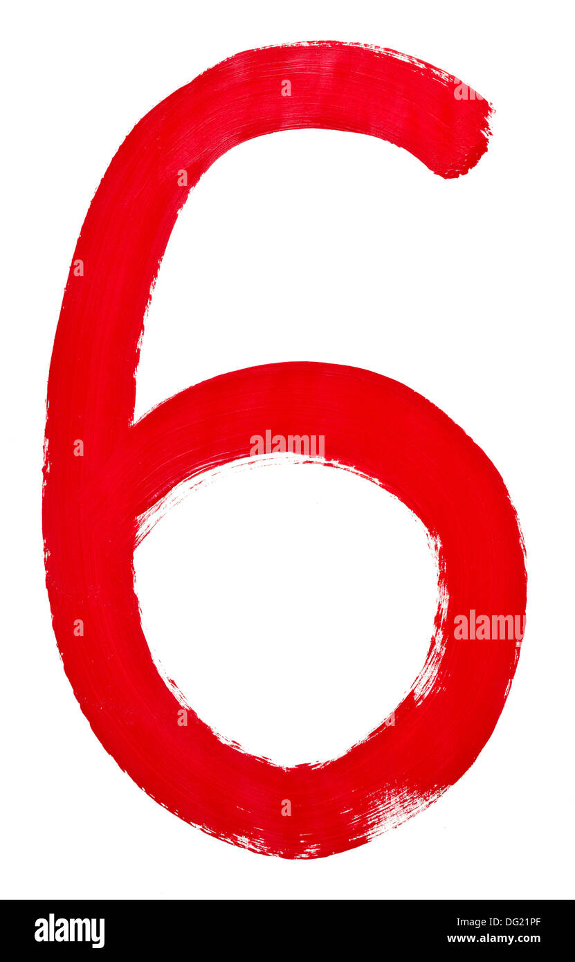 Arabic numeral 6 hand written by red brush on white background Stock ...