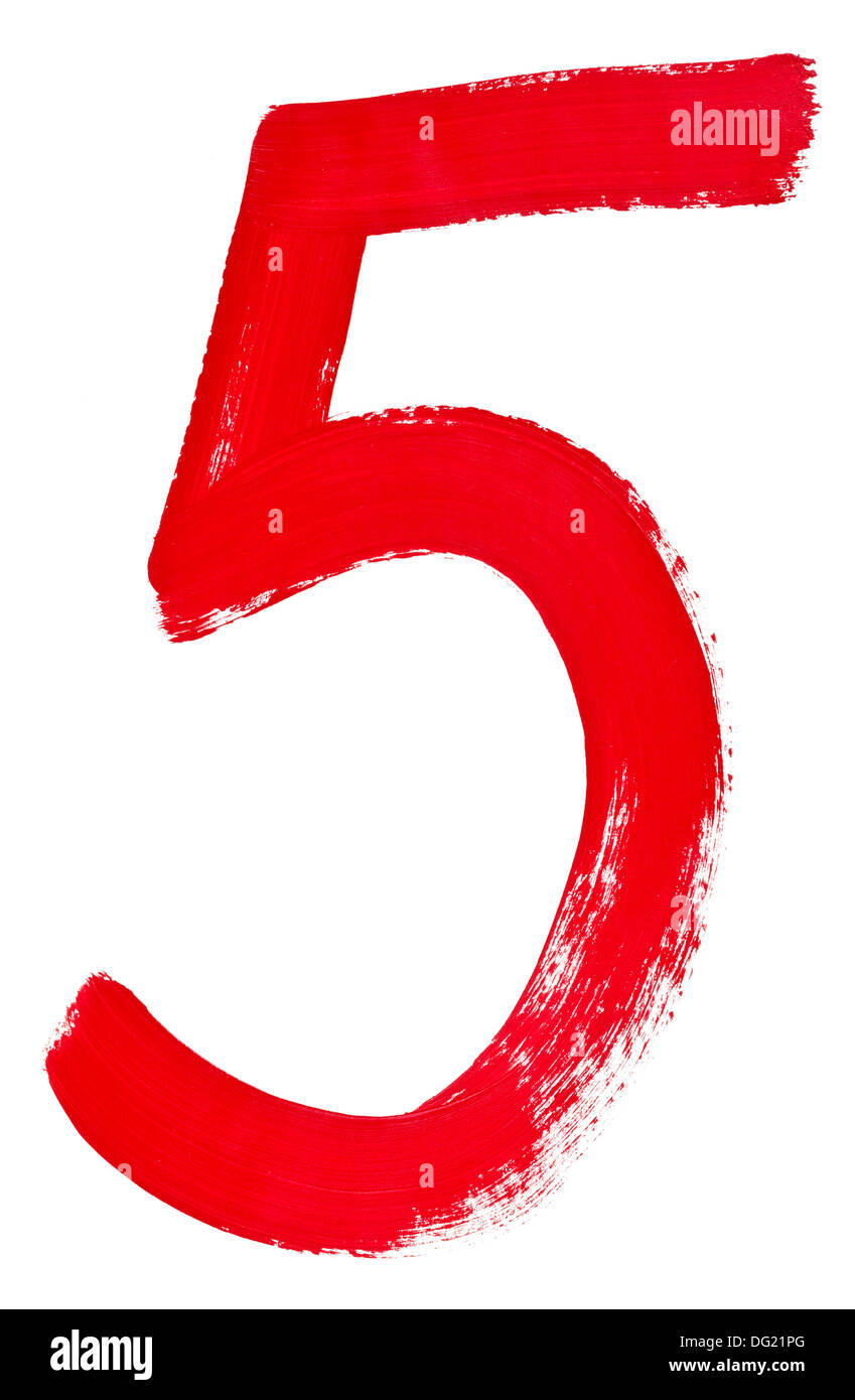 Arabic numeral 5 hand written by red brush on white background Stock ...