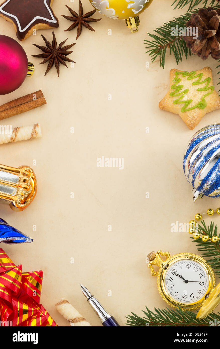 christmas decoration on aged parchment paper Stock Photo - Alamy