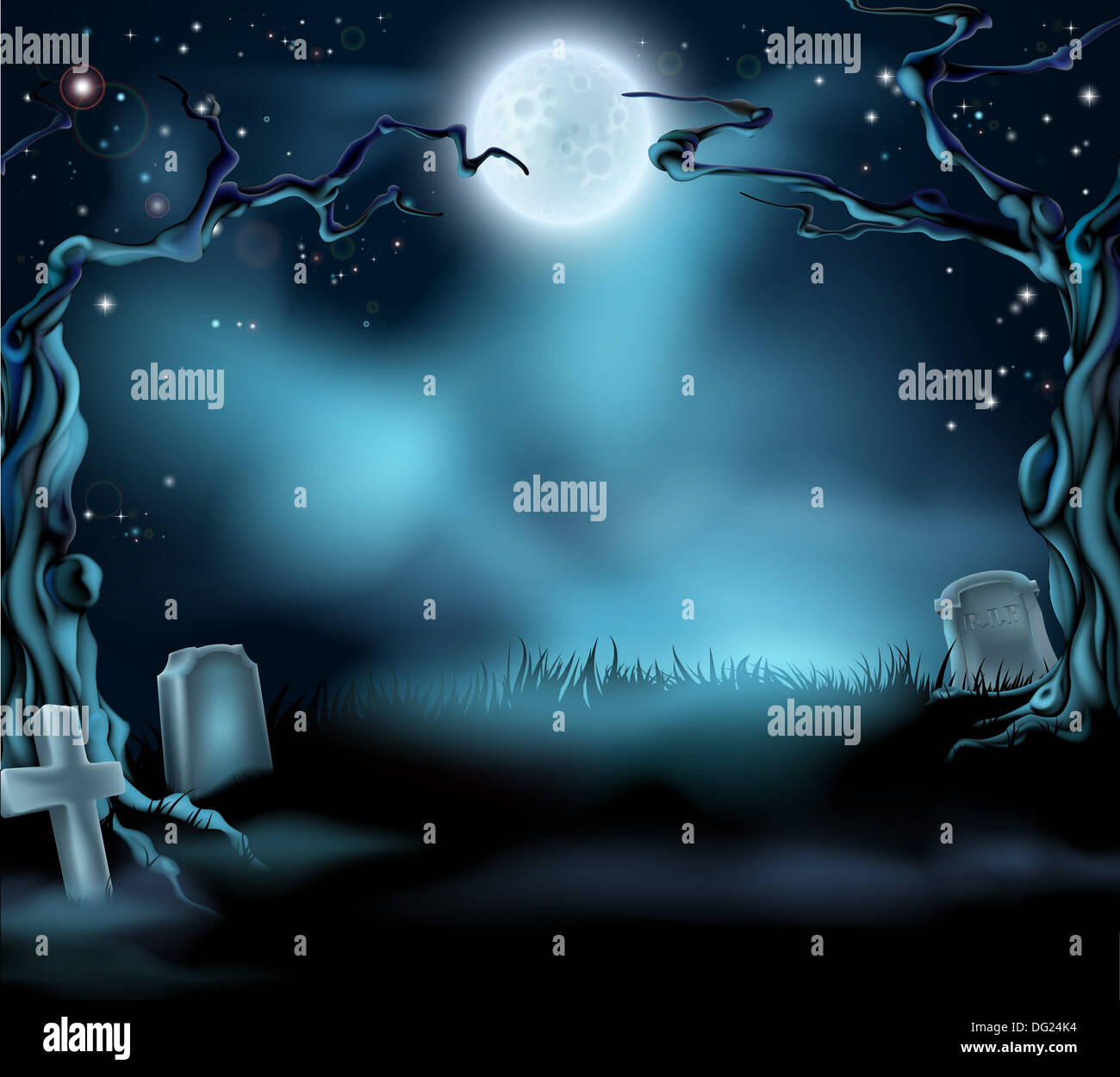 A spooky scary Halloween background scene with full moon, graves and ...