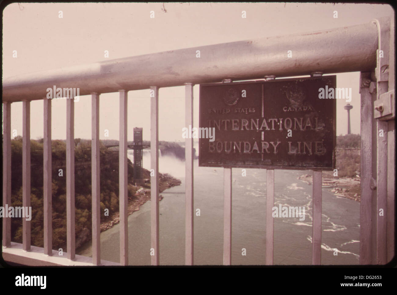 A sign on the guardrail of the Rainbow Bridge, located near Niagara ...