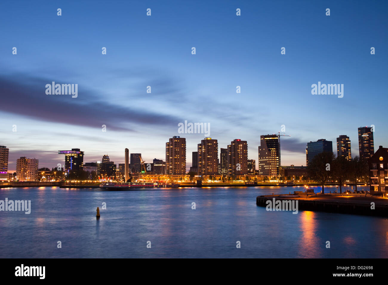 City of Rotterdam river view at twilight in Netherlands, South Holland ...