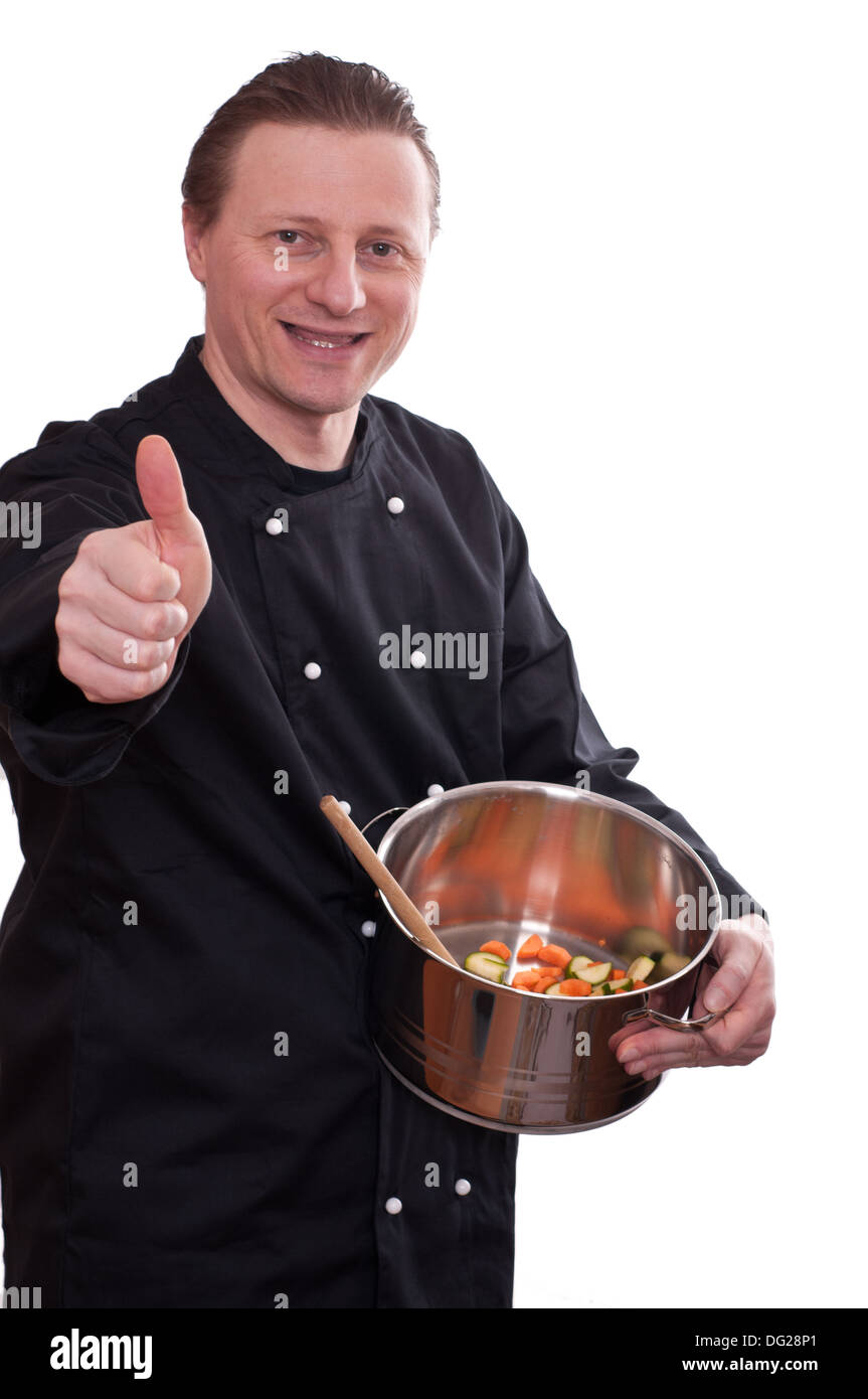 A smiling cook with a pot is holding his thumb up Stock Photo - Alamy