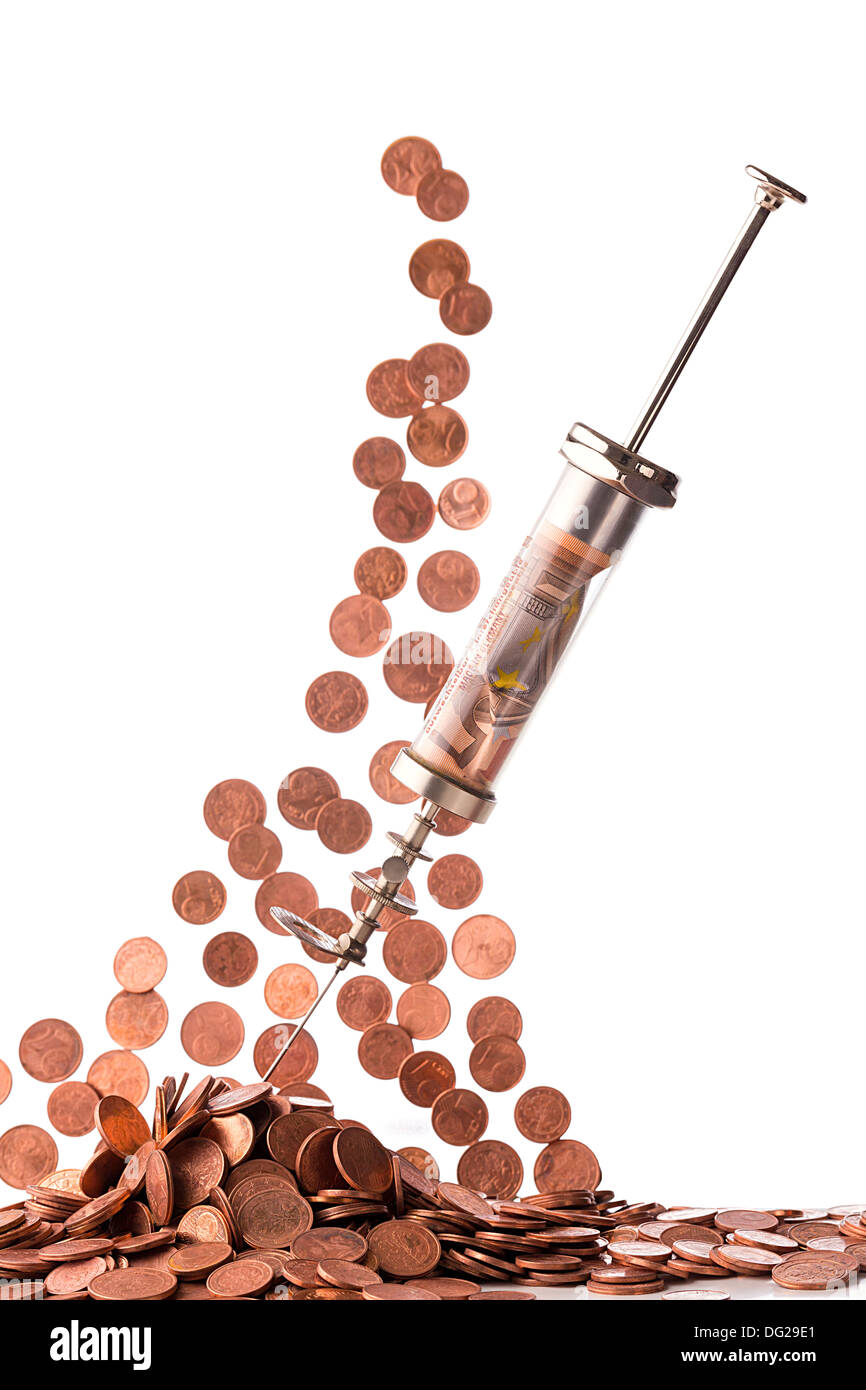 cash injection, 50 euro bill in a vintage injection with falling coins ...