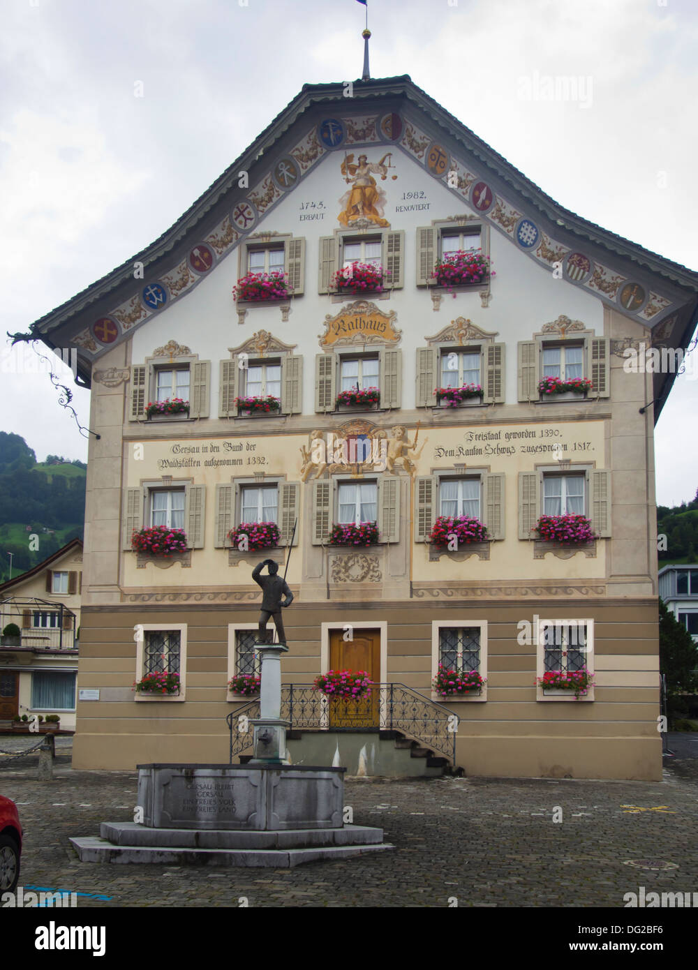 Old town hall, Rathaus, in Gersau Switzerland village on the lakeside ...