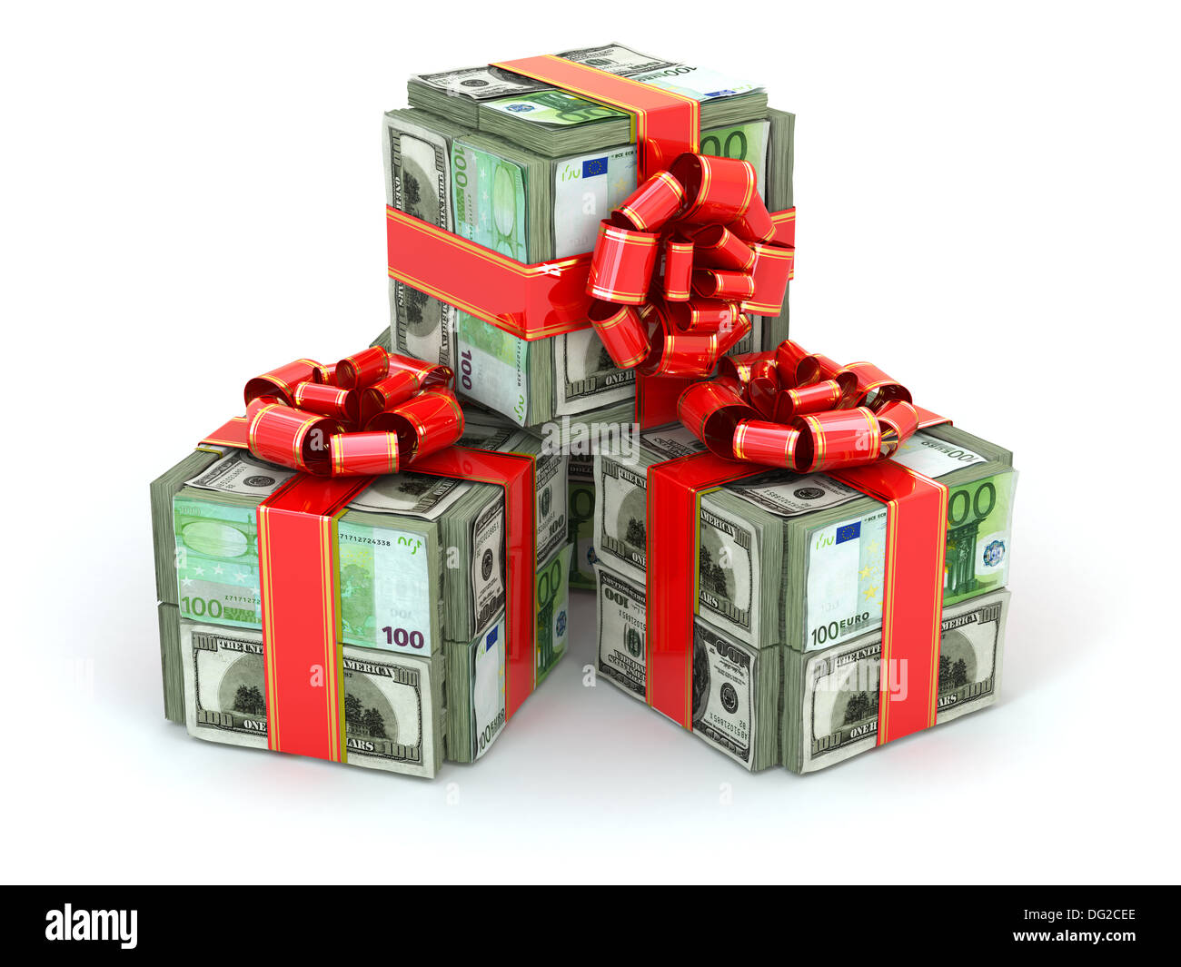 Money gift. Packs of dollars and euro and red ribbon. 3d Stock Photo ...