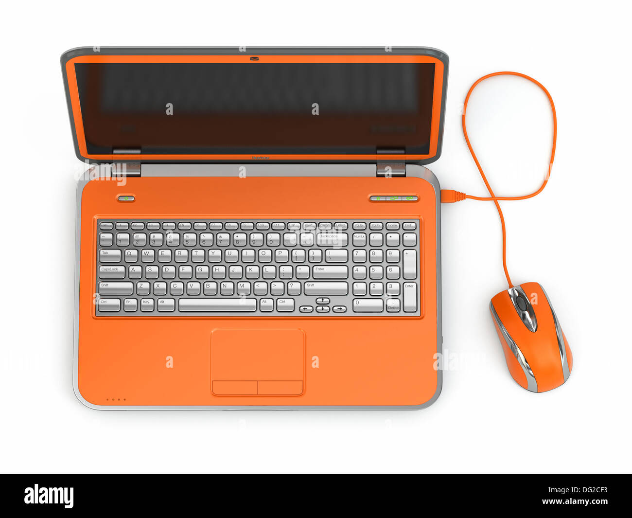 Opening laptop and computer mouse on white isolated background. 3d ...