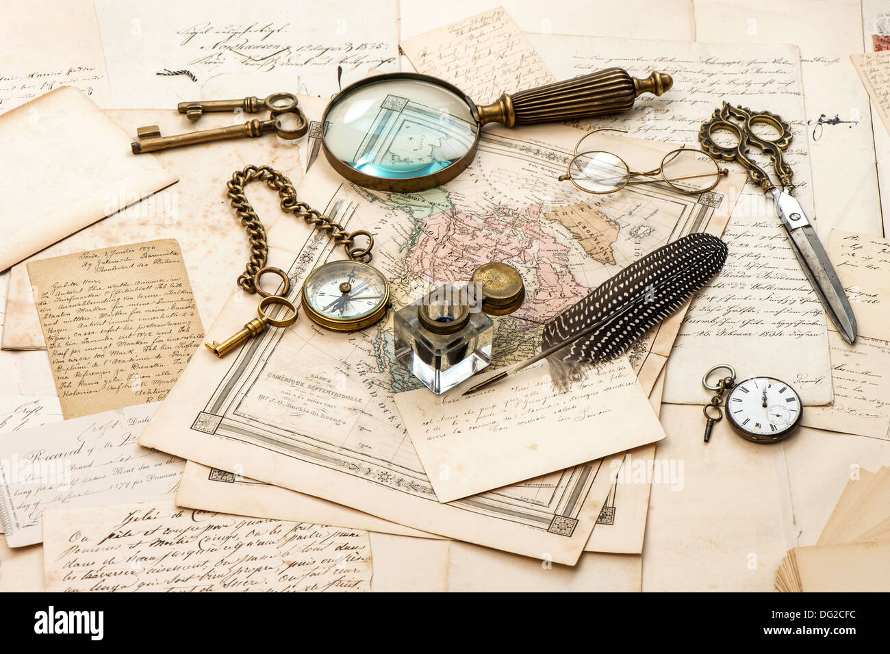 antique accessories, old letters and maps, vintage ink pen. nostalgic ...