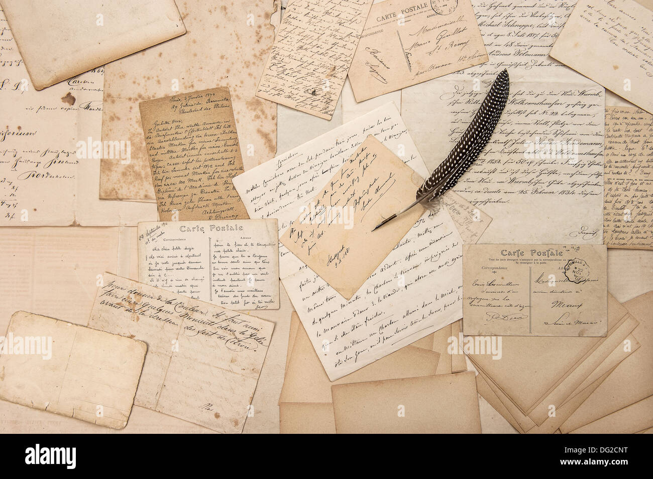 old letters, vintage postcards and antique feather pen. nostalgic ...