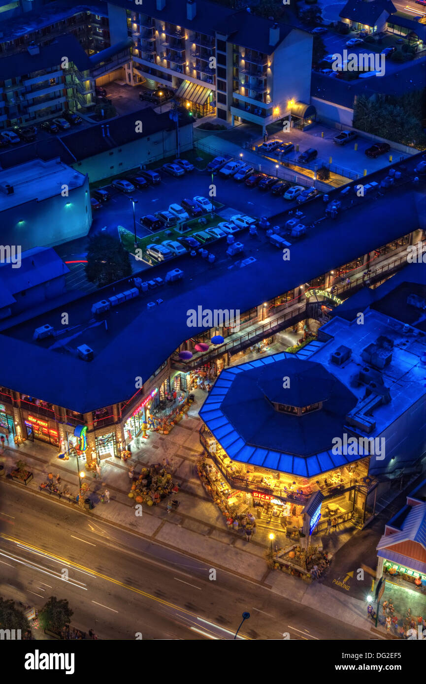 Aerial view of tourists along the main road, Parkway 441, in downtown ...