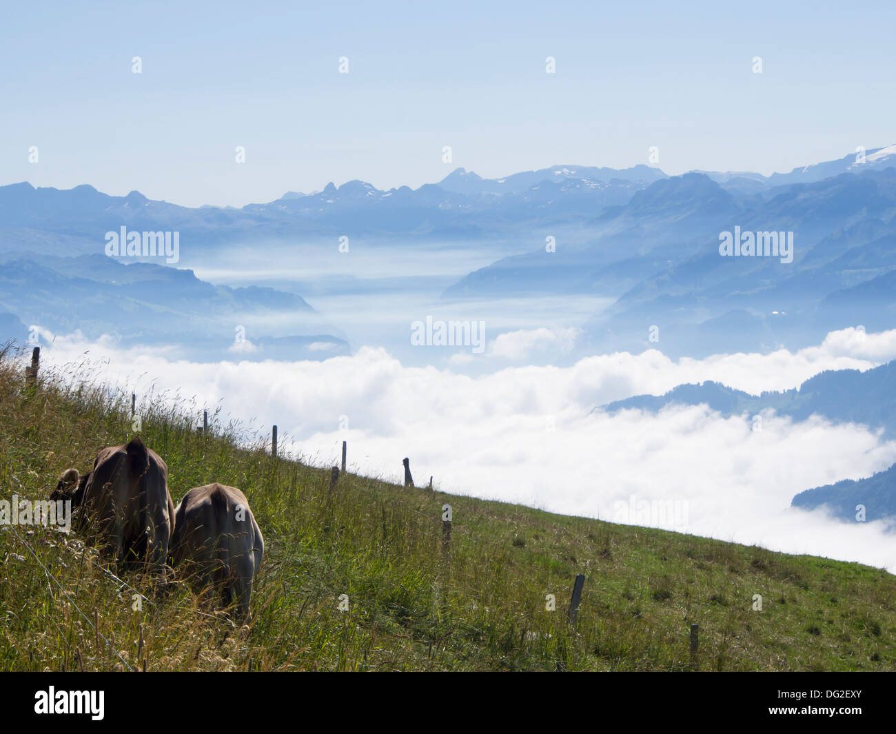 Panorama view from the top of mount Rigi Kulm, Switzerland blue hazy ...