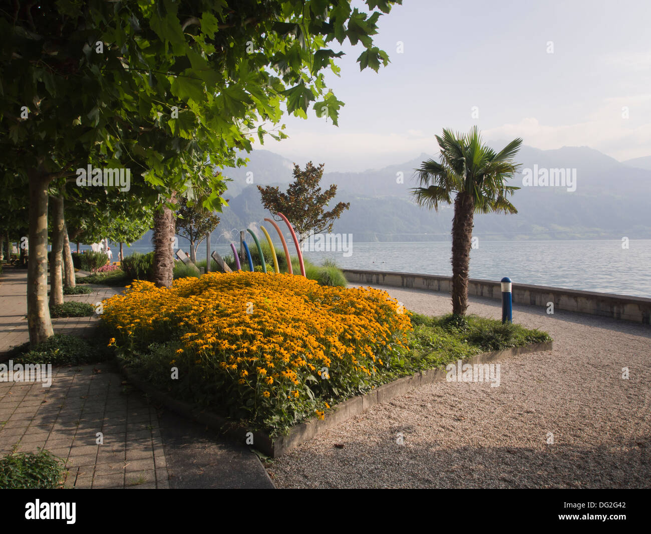 Gersau by Lake Lucerne Switzerland, lake view promenade with colourful ...
