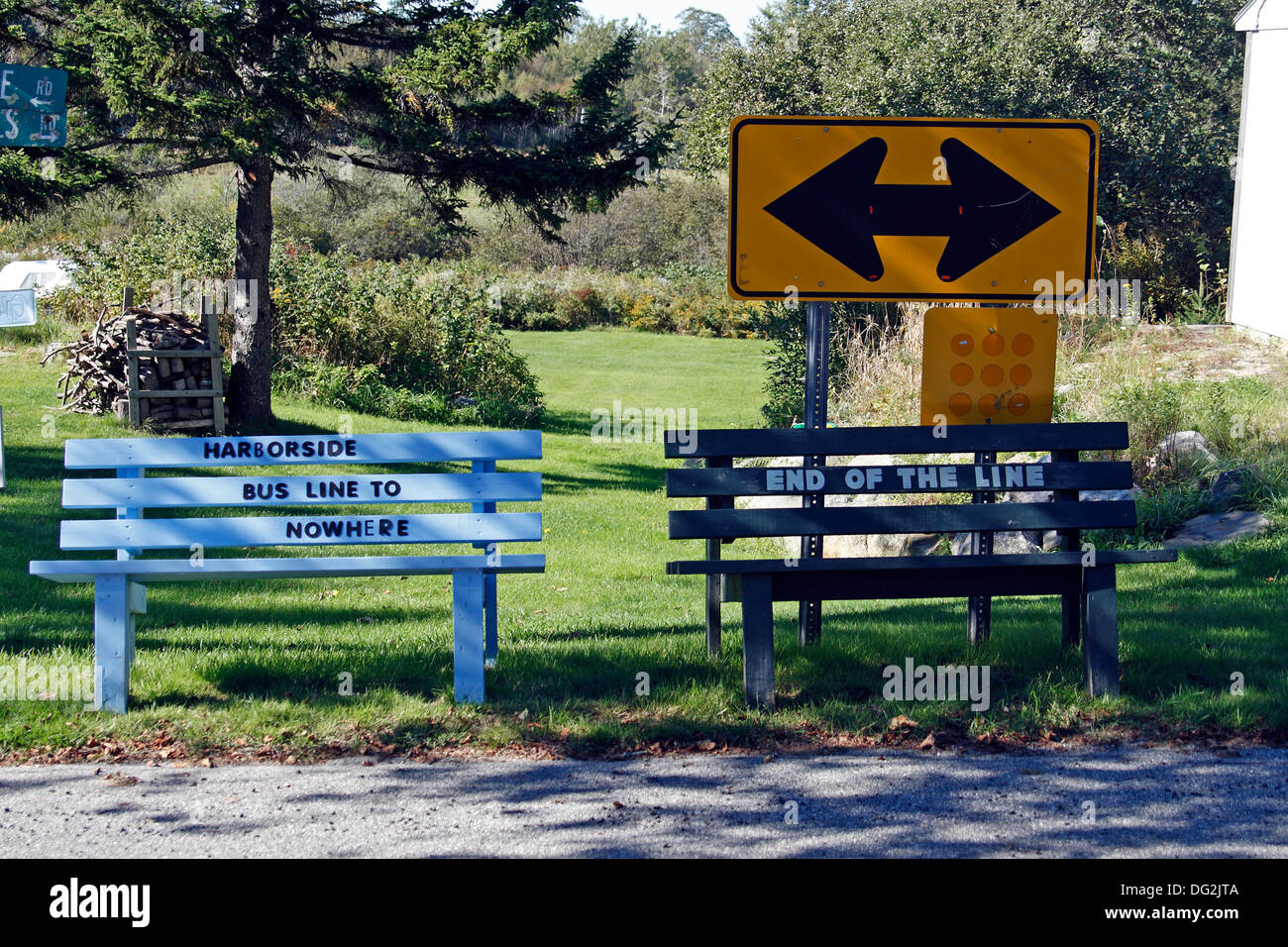 End of line bus stop traffic sign arrow Maine Castine New England USA ...