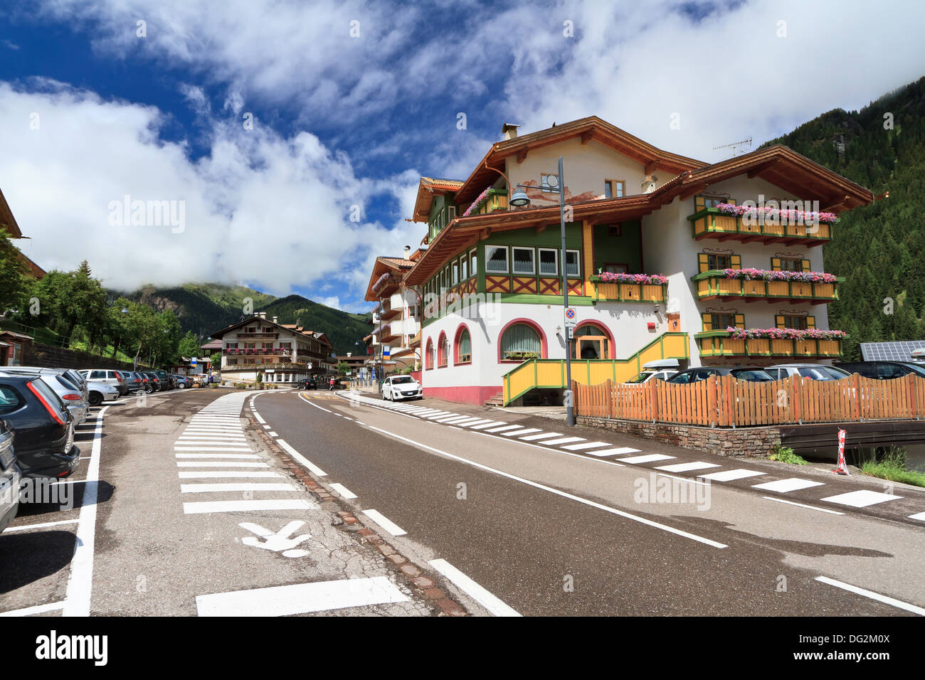 Summer view of Alba di Canazei, small town in Val di Fassa. Trentino ...