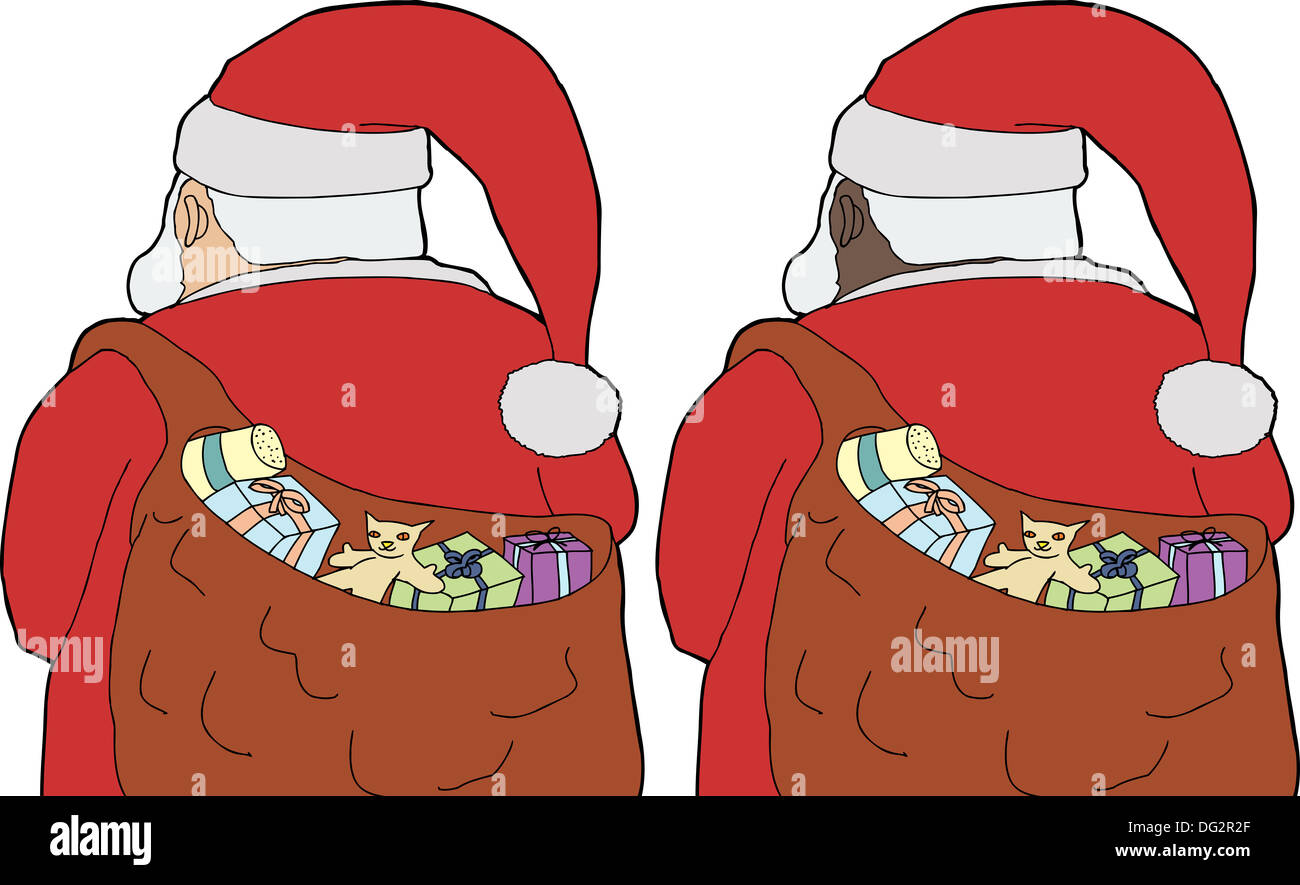 Rear view of Santa Claus with light and dark skin versions Stock Photo ...