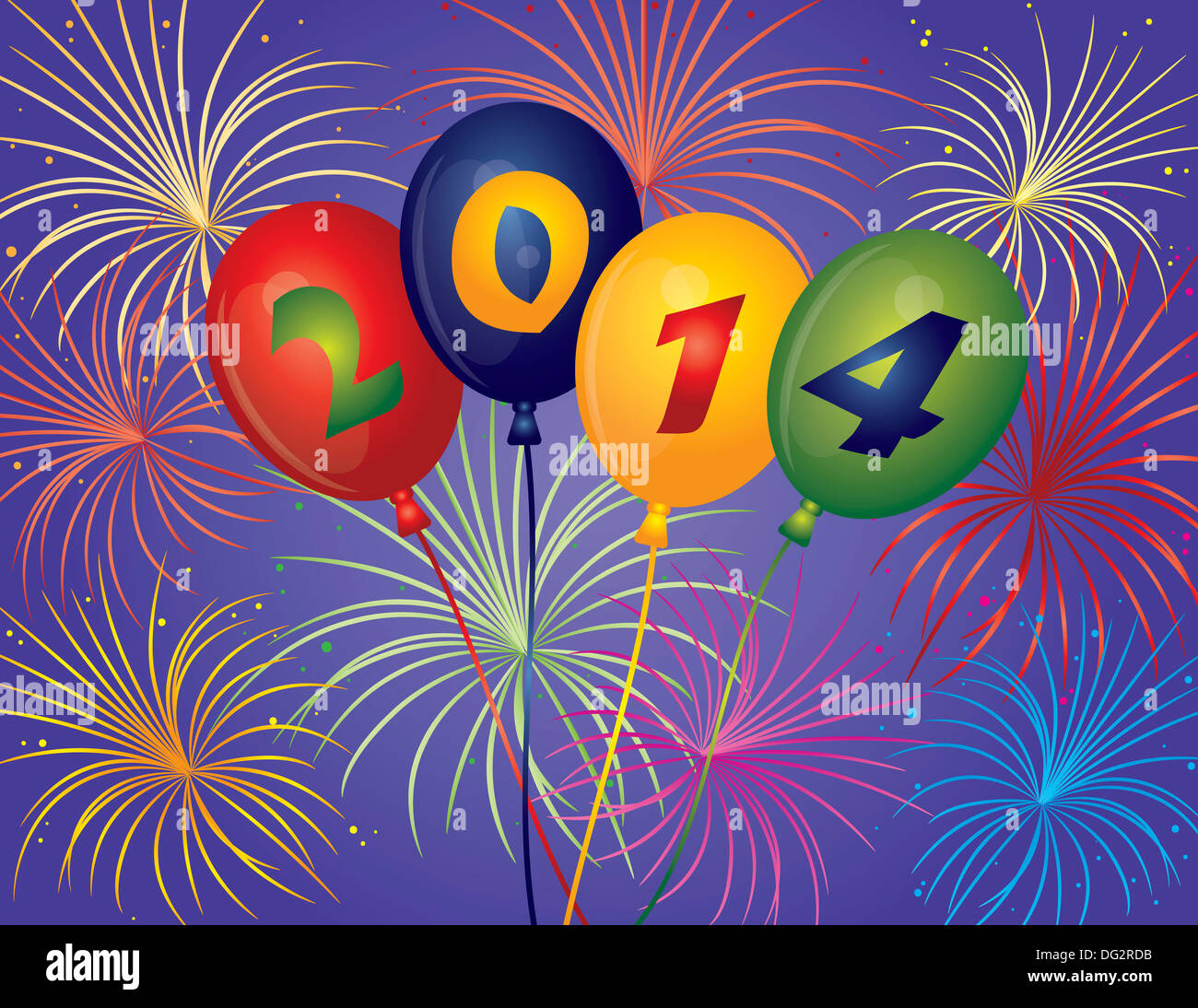 Happy New Year 2014 Balloons with Fireworks Display Background ...