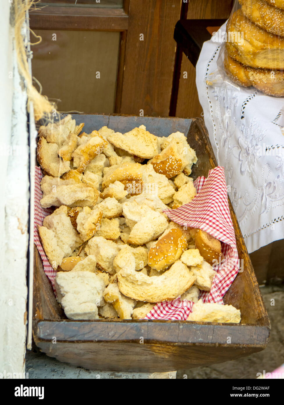 Bread samples in a wooden container outside of a bakery in Cyprus Stock ...
