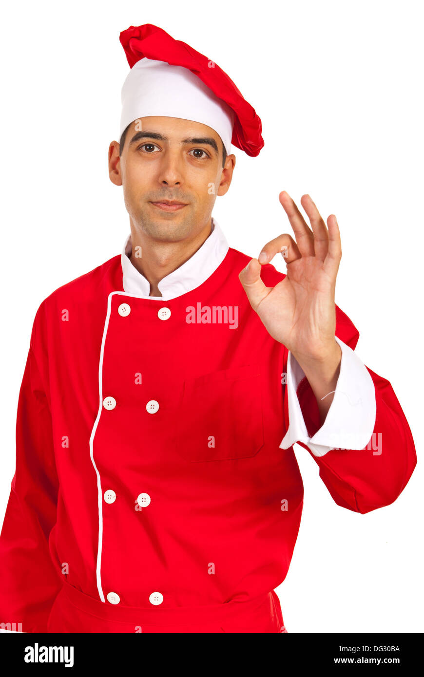 Chef man showing okay sign hand gesture isolated on white background ...