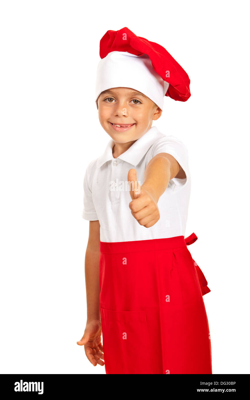 Happy chef boy giving thumb up isolated on white background Stock Photo ...