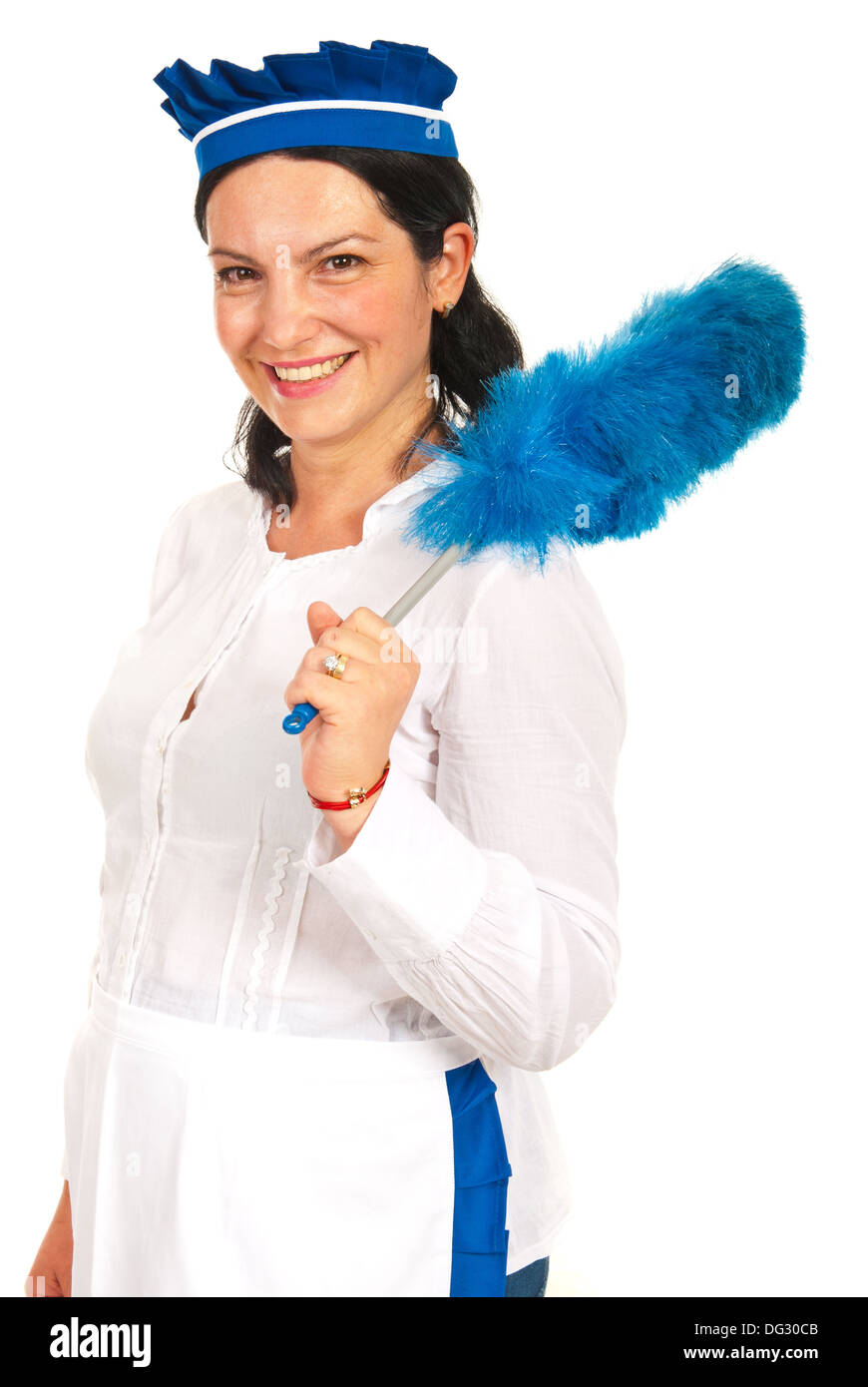 Happy maid woman in uniform holding whisk dust isolated on white ...