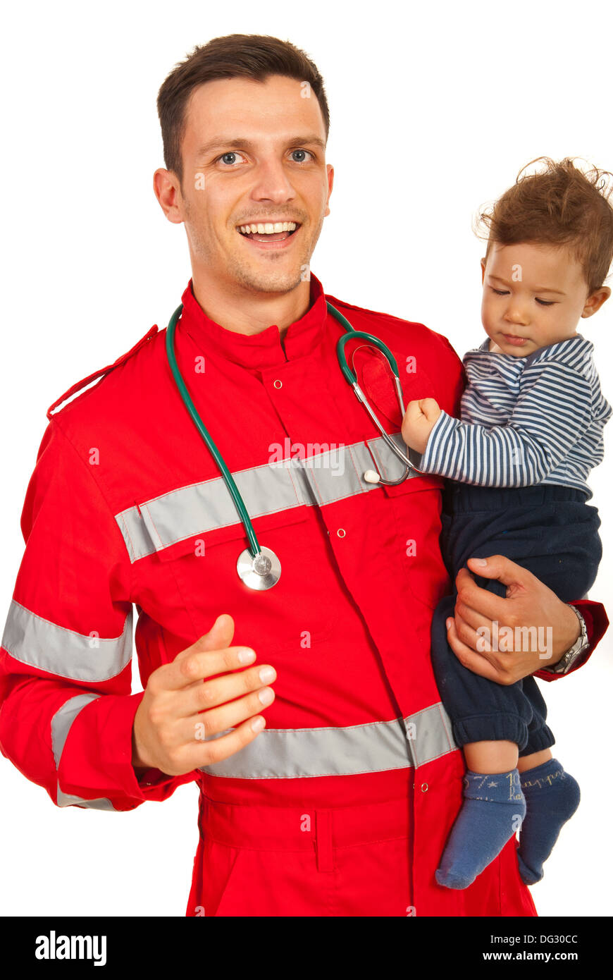Cheerful paramedic holding baby boy isolated on white background Stock ...