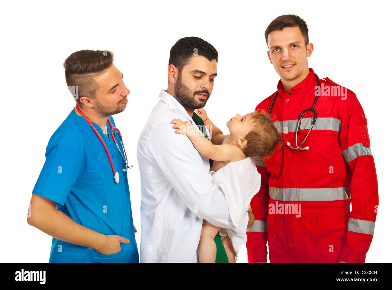 Baby boy meeting doctors and looking to them with curious face isolated ...