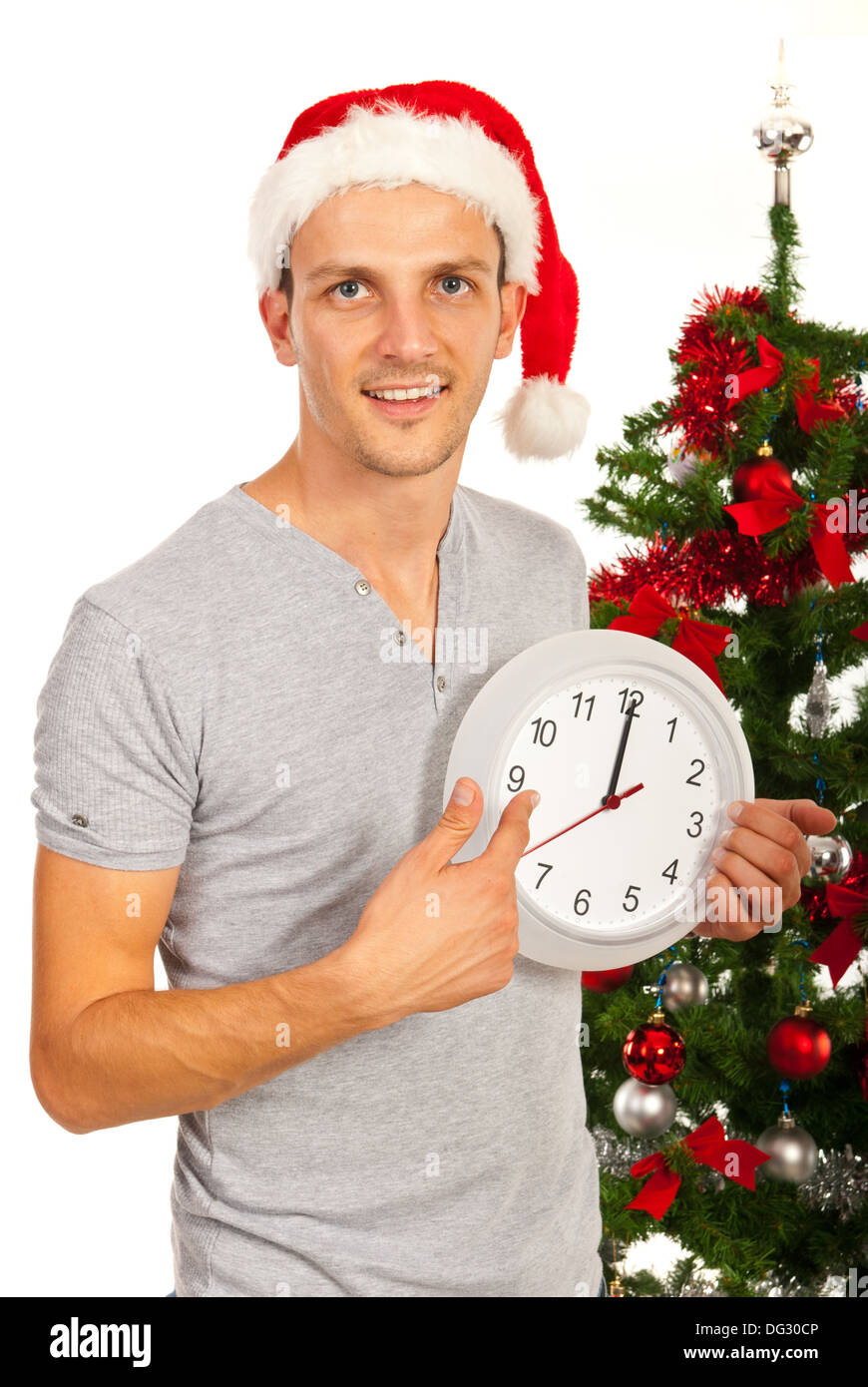 Christmas man showing midnight time on clock isolated on white ...