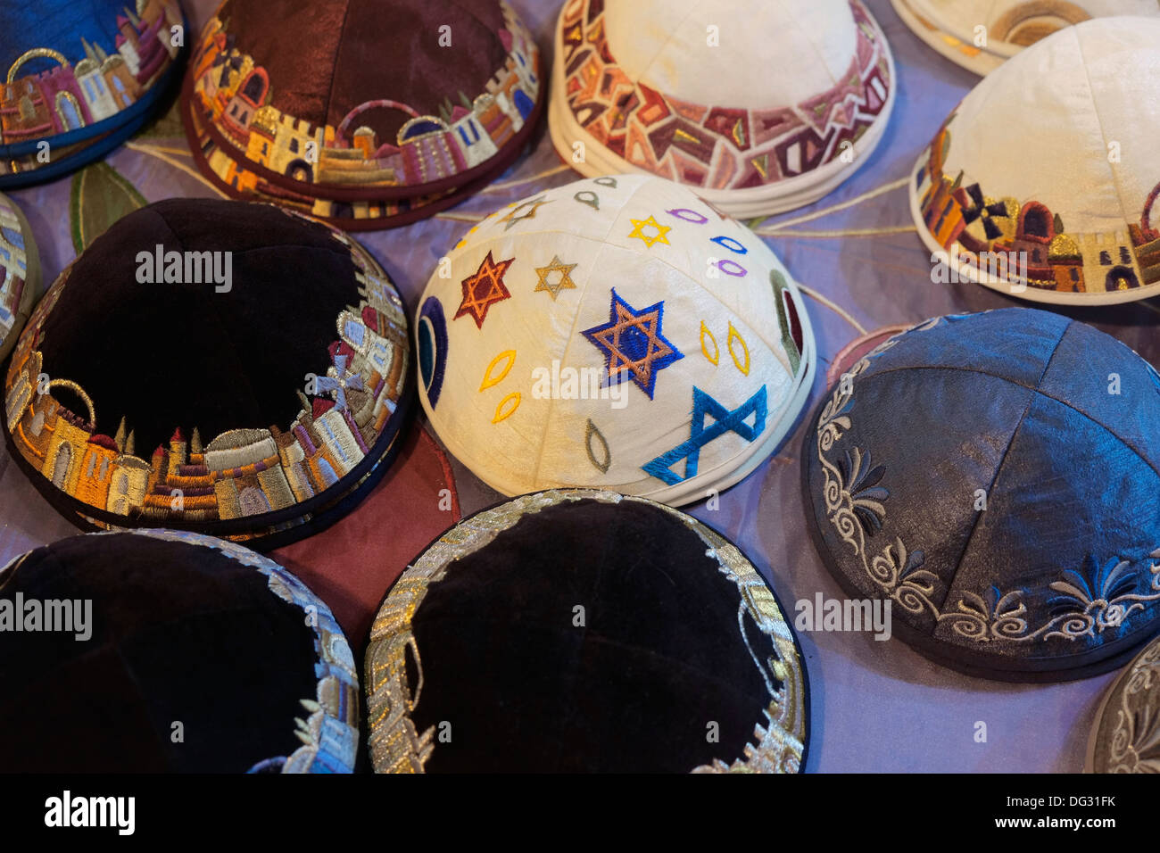 Stack of traditional kippot or yarmulke caps worn by religious Jews for ...