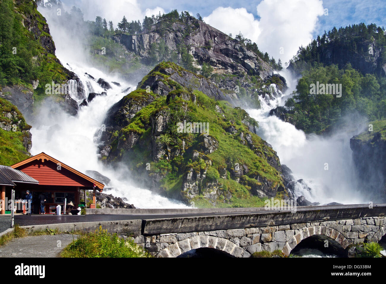 Famous Låtefoss Waterfall near Odda in Norway with kiosk Stock Photo ...