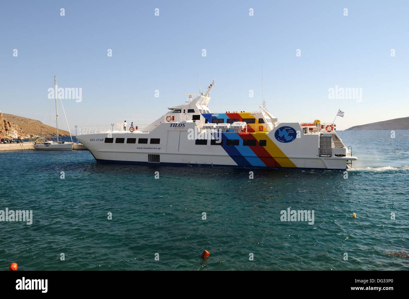 Tilos Ferry boat arriving in Livadia Port harbour harbor The Dodecanese ...