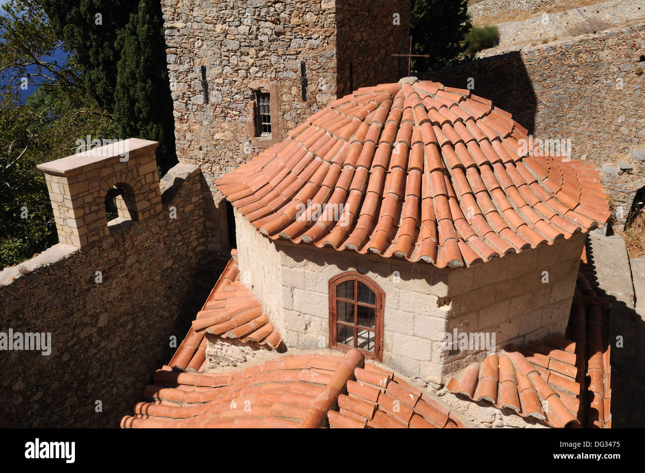 The Monastery and red tiled roof of Greek orthodox church of St Agios ...