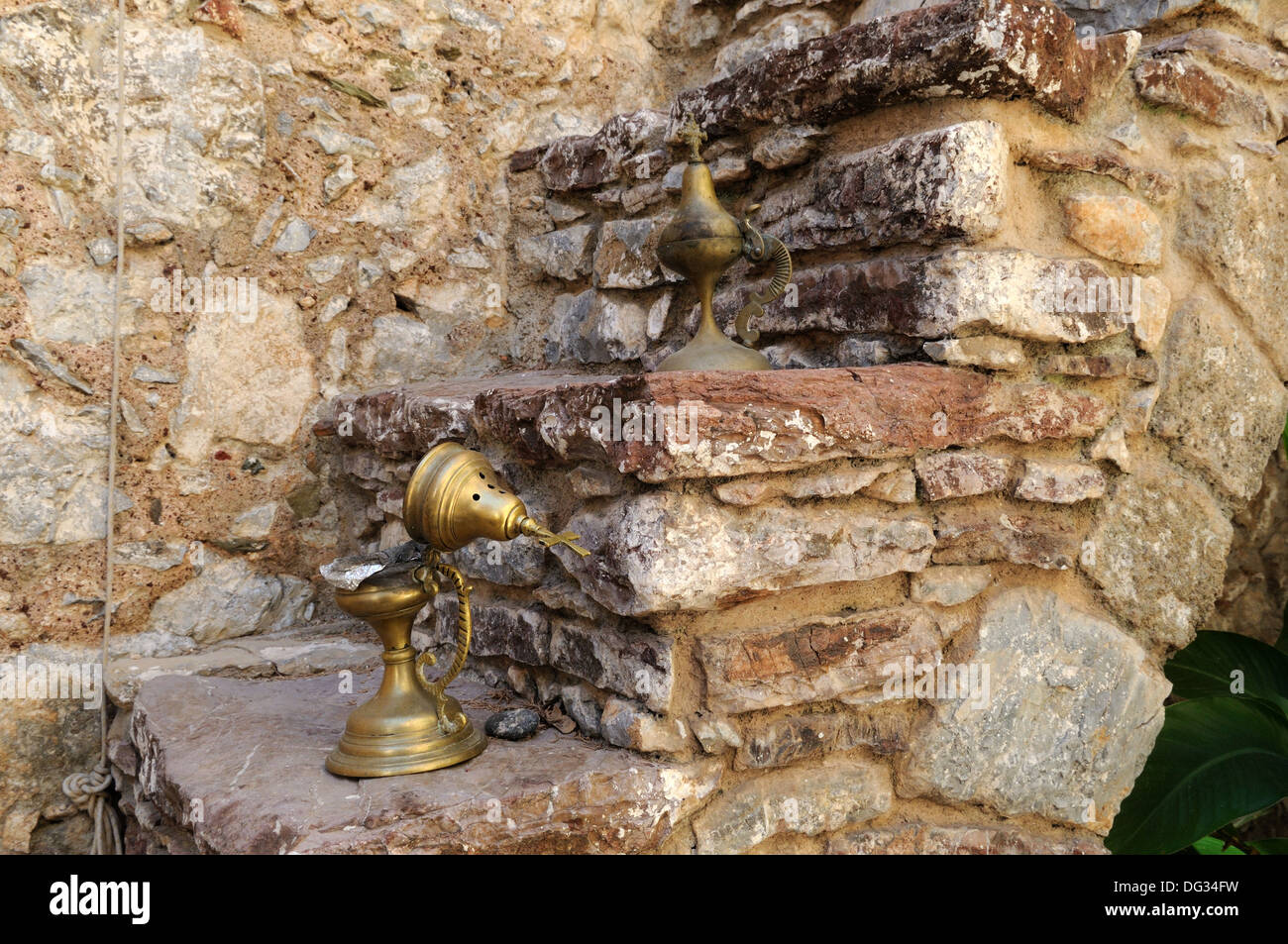 Greek Orthodox religious artifacts on stone steps of The Monastery of ...