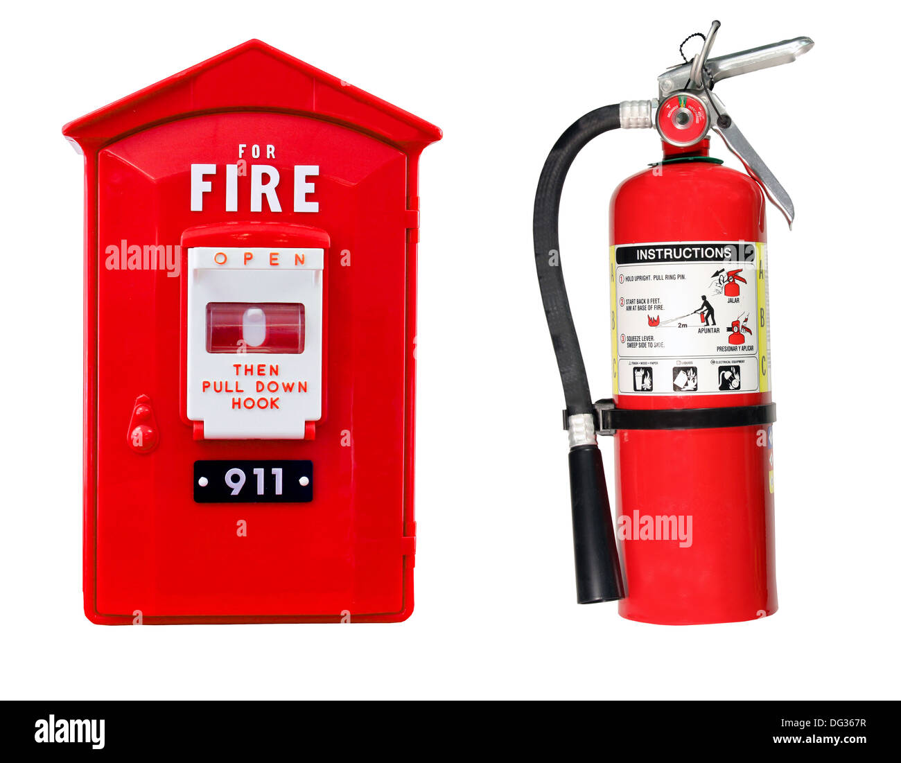 fire extinguisher and pull station alarm box isolated over a white ...