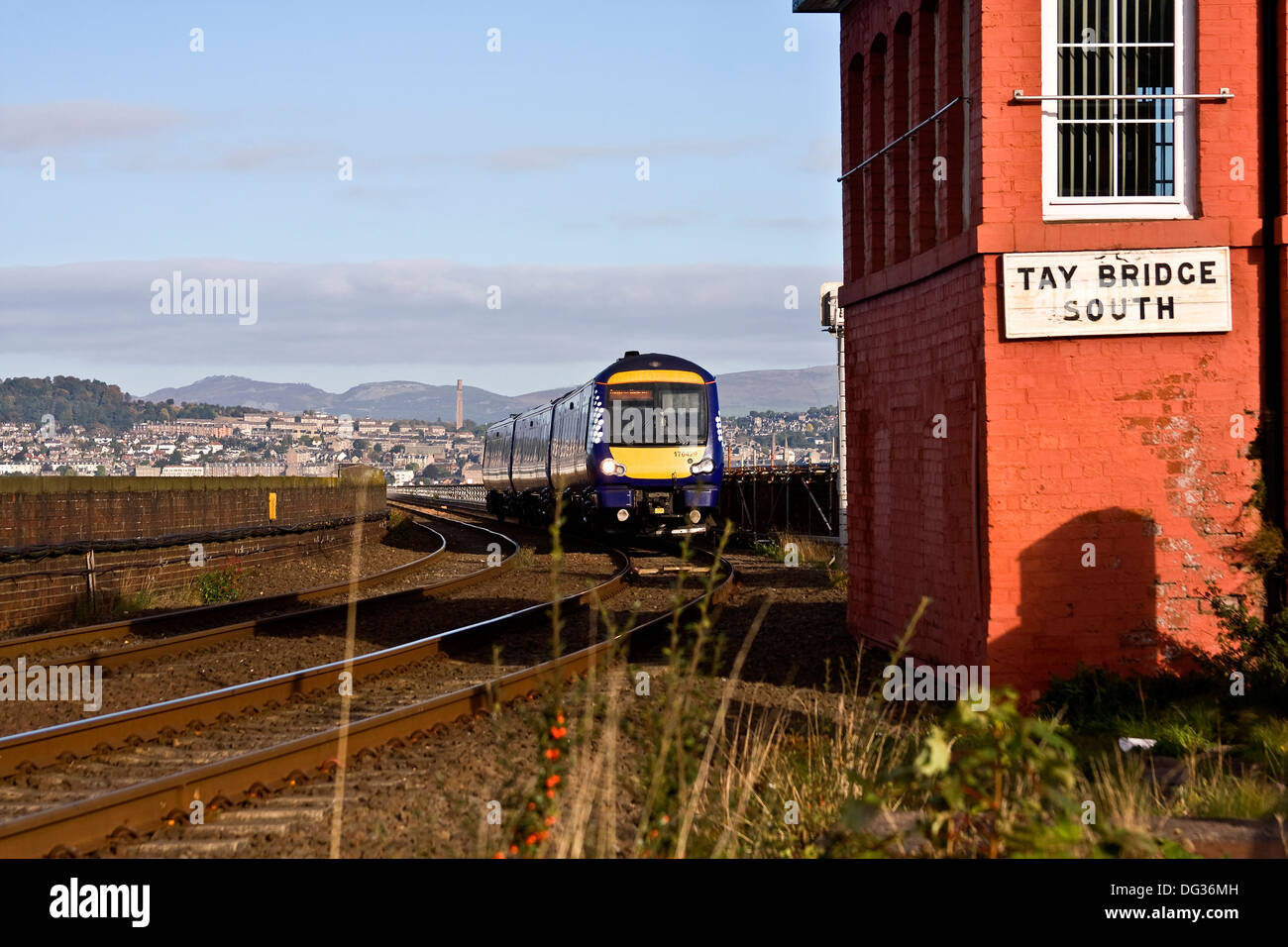 Scotrail commuter train crossing the Tay railway bridge south from ...