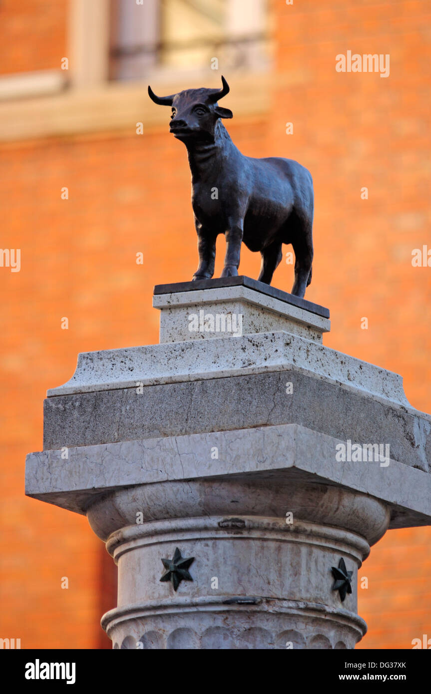 Detail of the Torico, a statue presiding the main square of Teruel ...