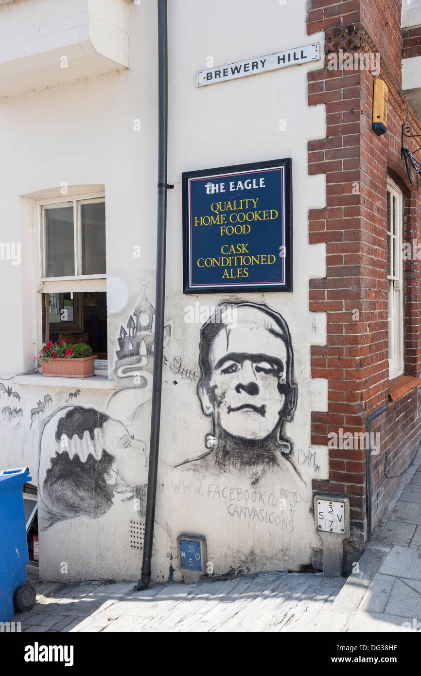 Graffiti (drawing of Frankenstein) on a wall in Brewery Hill, Arundel ...