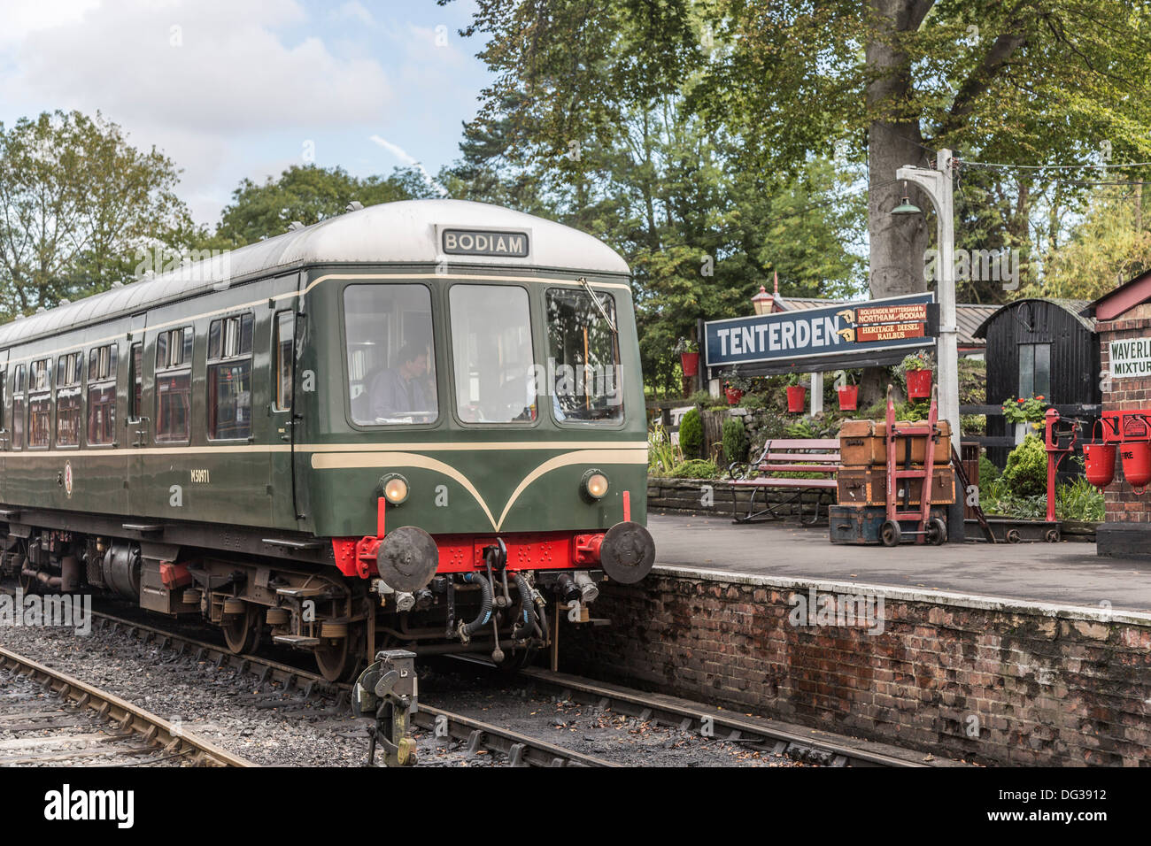 Green diesel train for Bodiam at platform at Tenterden Town railway ...