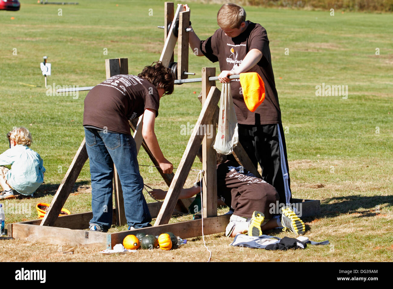 Team getting ready to launch pumpkin from trebuchet at Pumpkin Chuckin ...