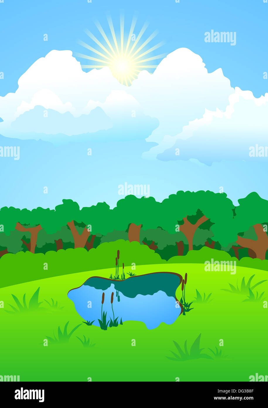 Vector illustration of forest landscape with lake Stock Photo - Alamy