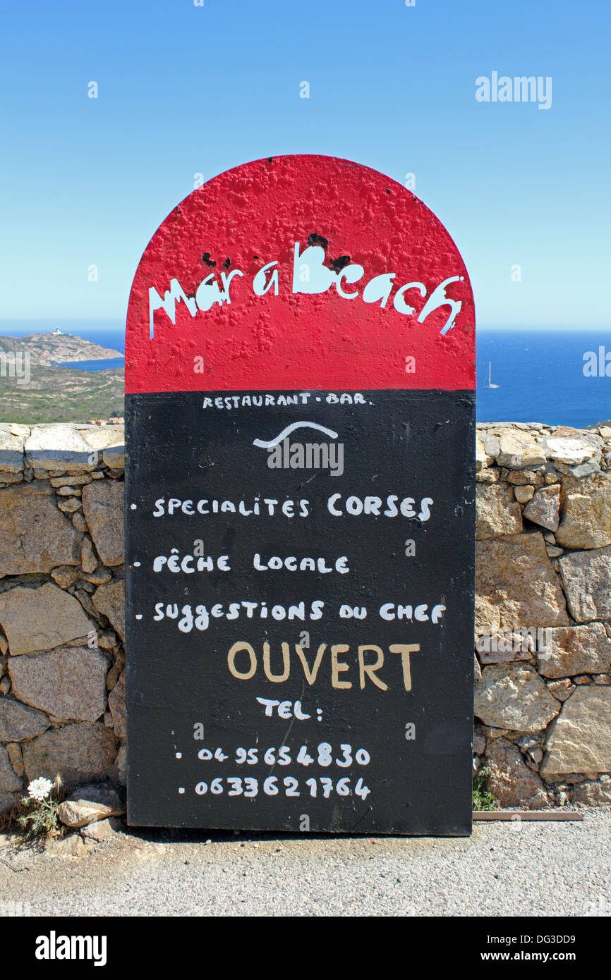 Mara Beach restaurant menu Calvi Corsica Stock Photo - Alamy