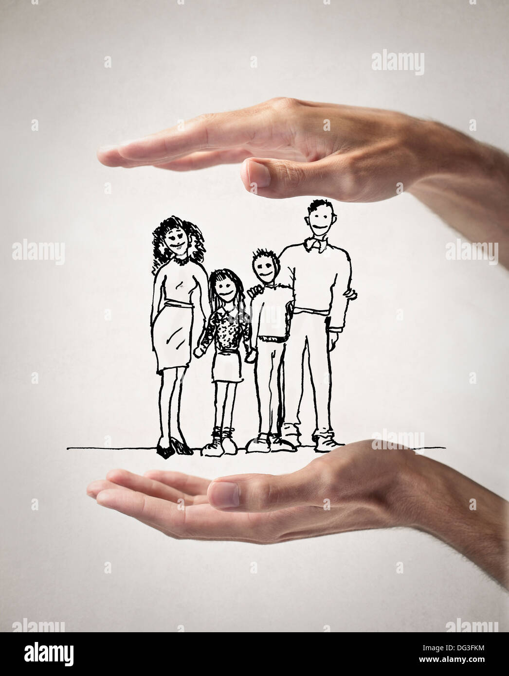 Two hands protect a family in an illustration Stock Photo - Alamy