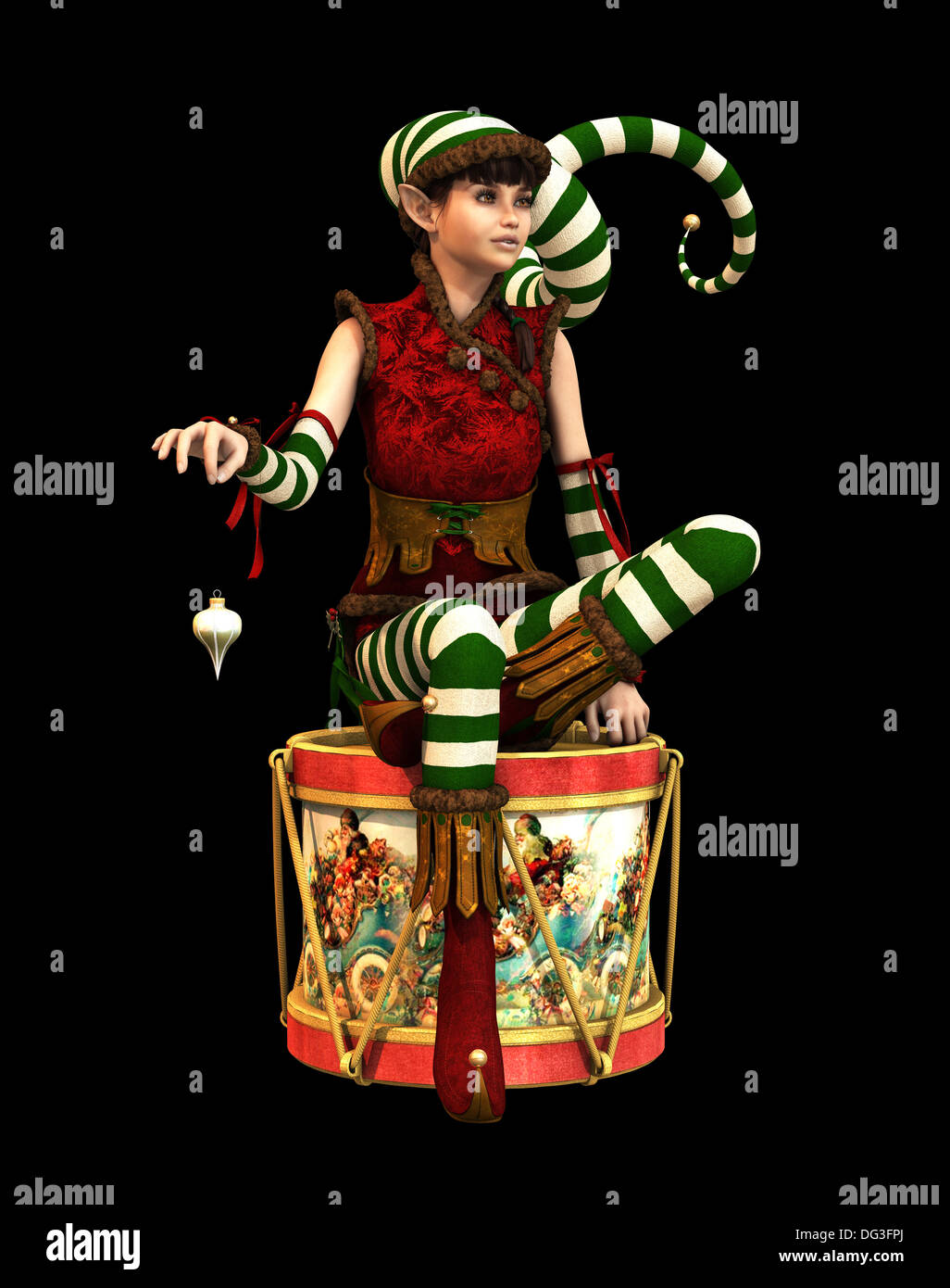 3d computer graphics of a cute Christmas elf with pointed cap and drum ...
